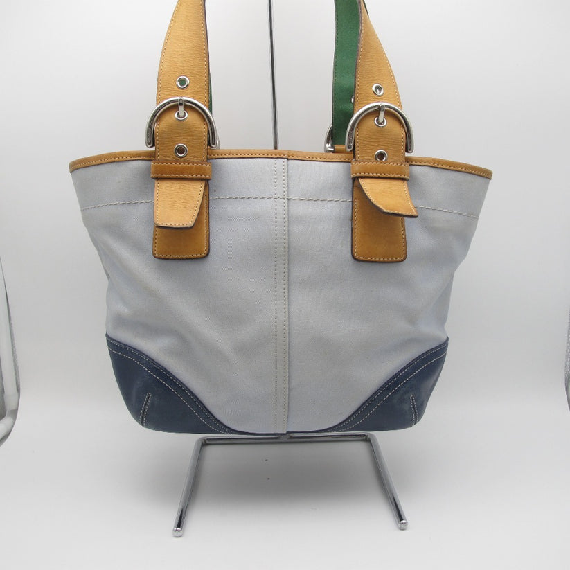 COACH コーチ ハンドバッグ キャンパス地 底ハンドルレザー ブルー グリーン レディース 9510 難あり | Celebourg セレ ...